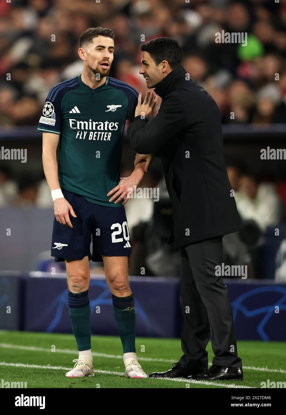 Jorginho of FC Arsenal Mikel Arteta head coach of FC Arsenal MUNICH, GERMANY - APRIL 17: UEFA ...