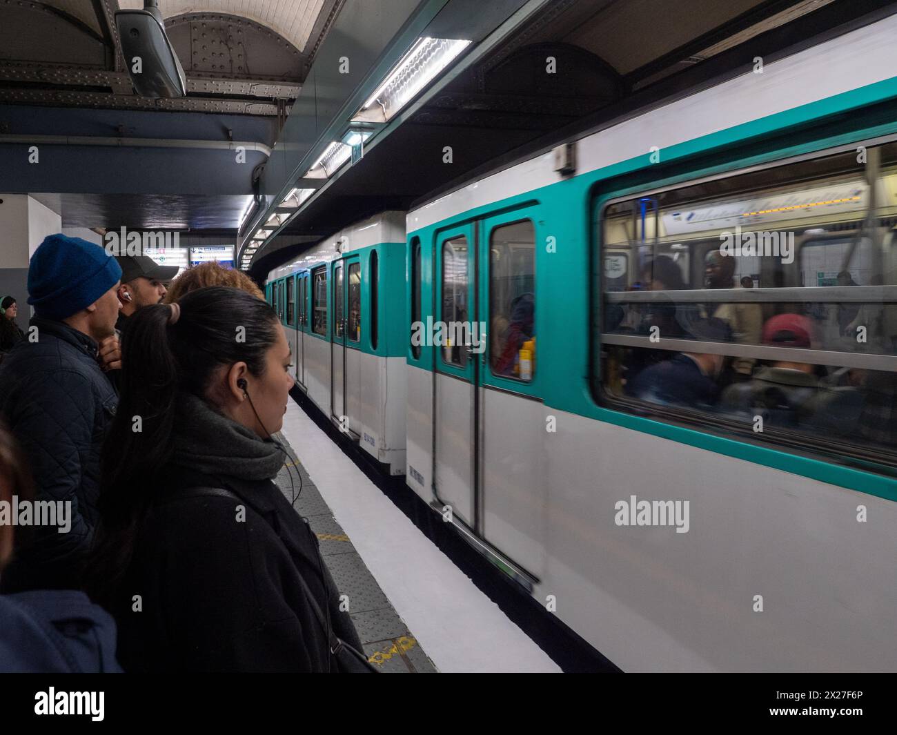 Paris, France, April 19, 2024: Paris Surlferino metro station, people ...