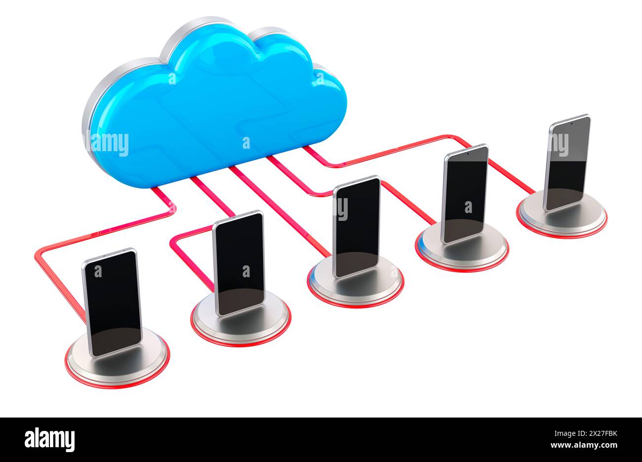 Computer cloud with smartphones, mobile phones. Internet connection concept. 3D rendering ...
