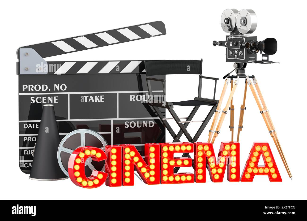 Cinema concept. Movie camera, film reels, chair, megaphone and ...
