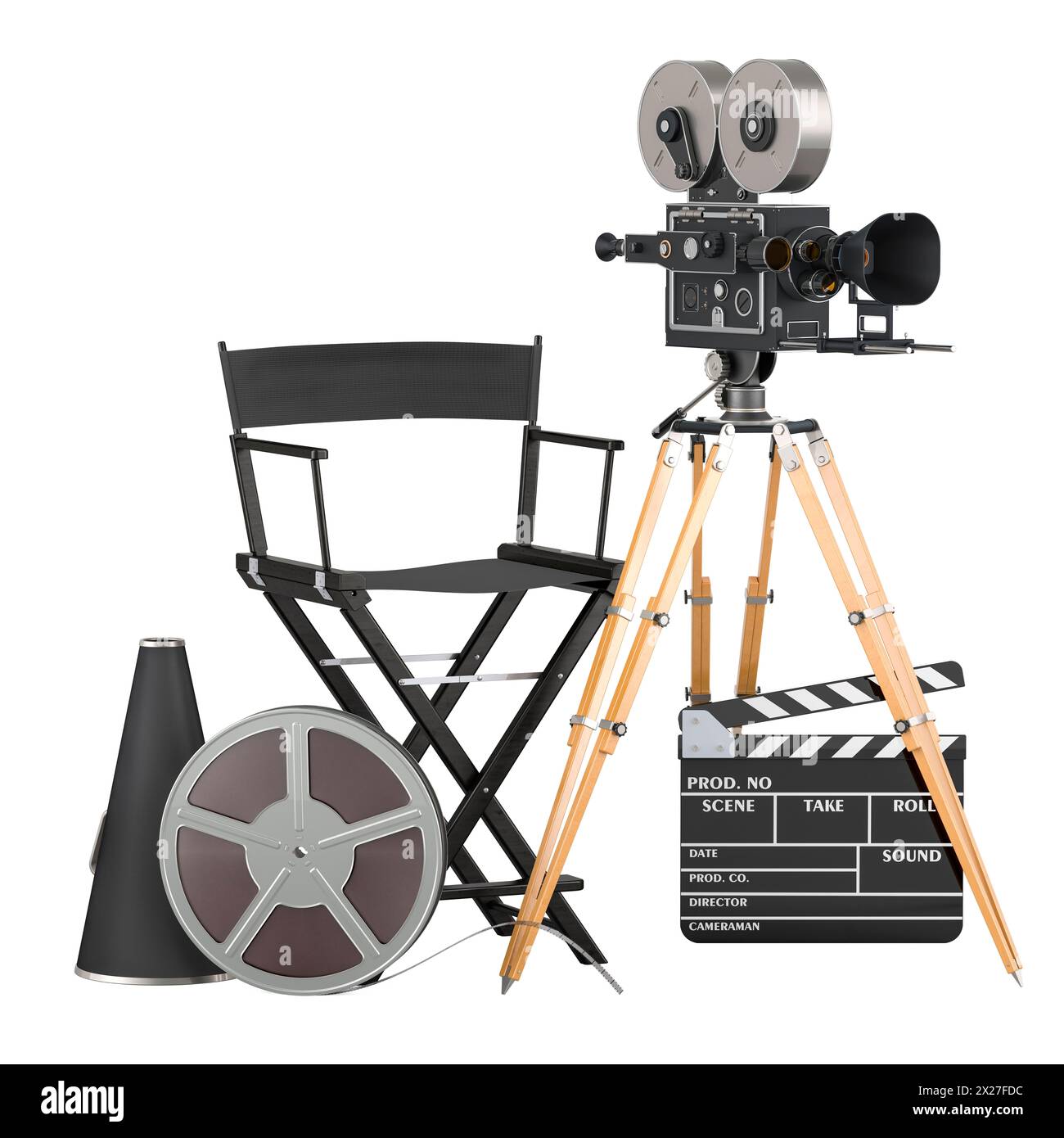 Movie camera with film reel, chair, megaphone and clapperboard. Cinema ...