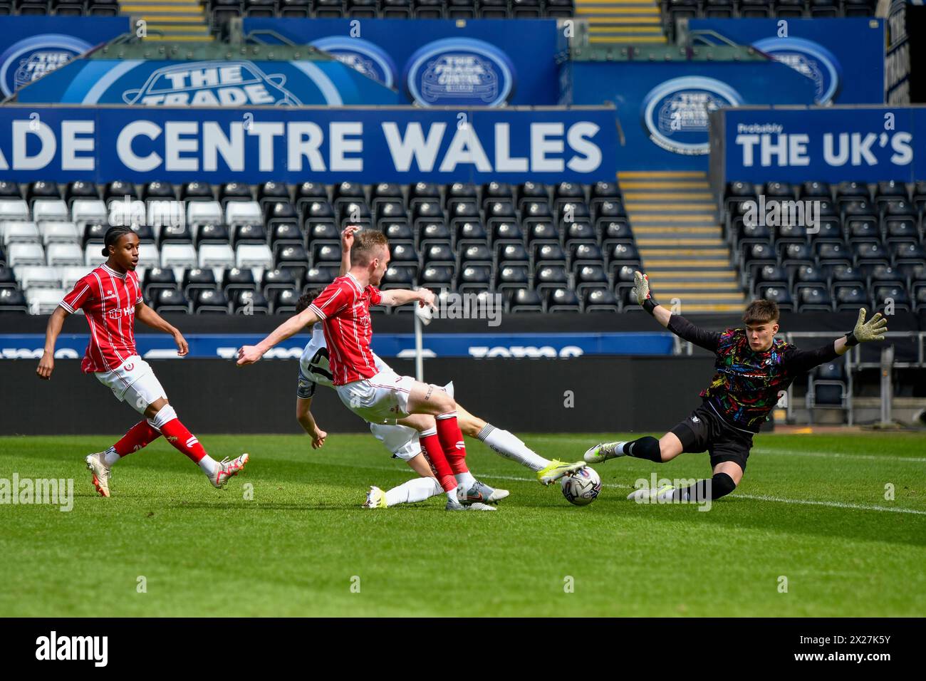 Swansea, Wales. 20 April 2024. Charlie Veevers of Swansea City scores ...