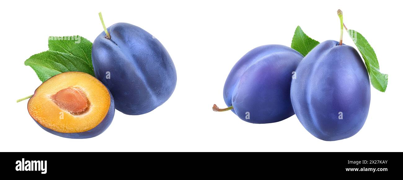fresh blue plum and half with leaves isolated on white background Stock ...