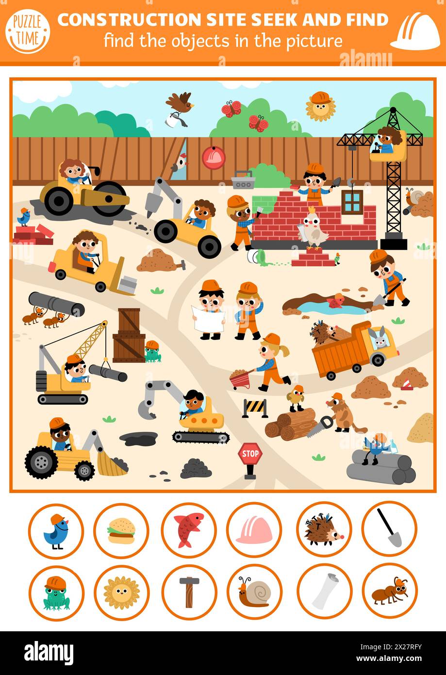 Construction site vector searching game with building works landscape ...