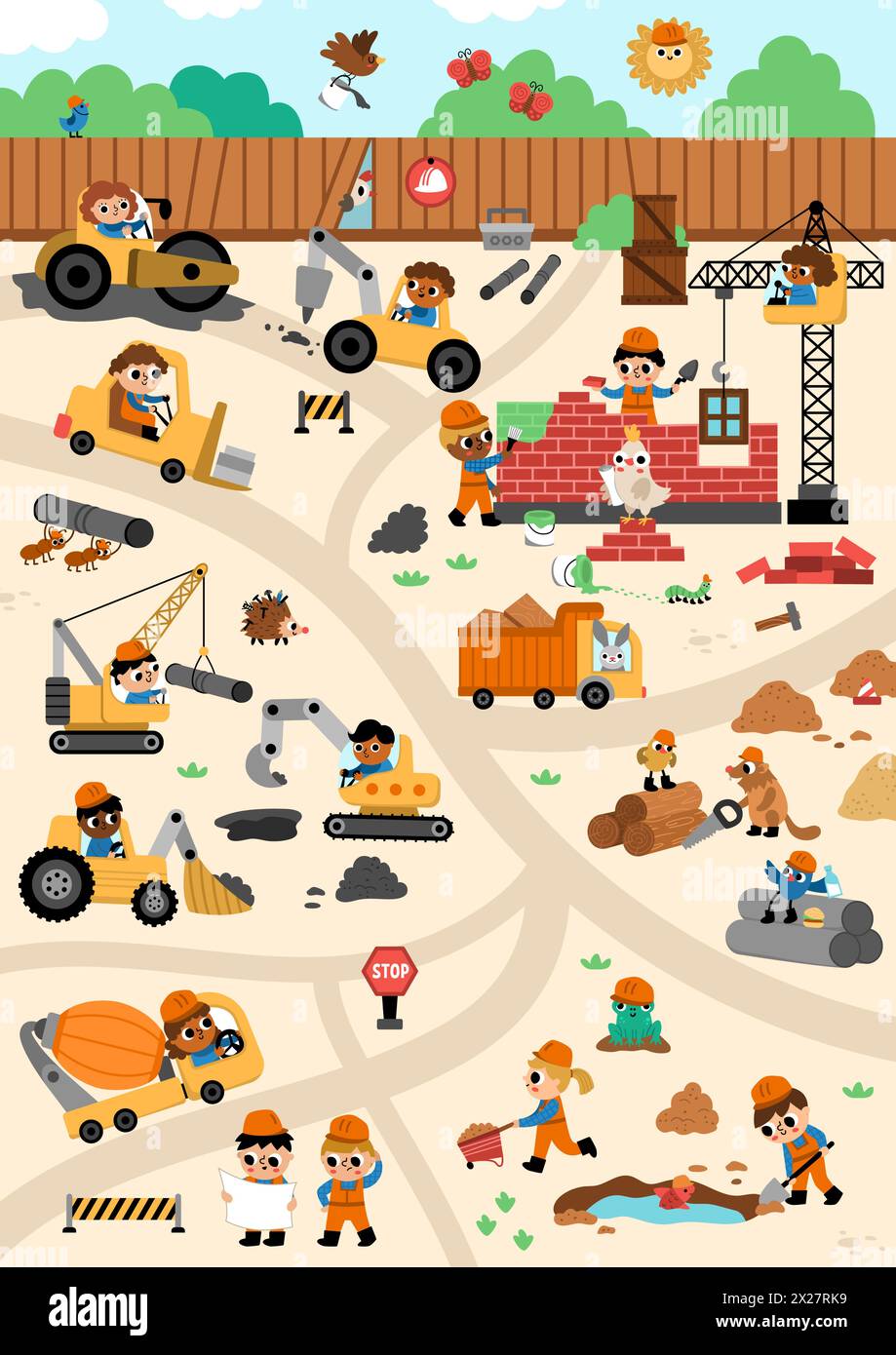 Vector construction site and road work vertical landscape illustration ...
