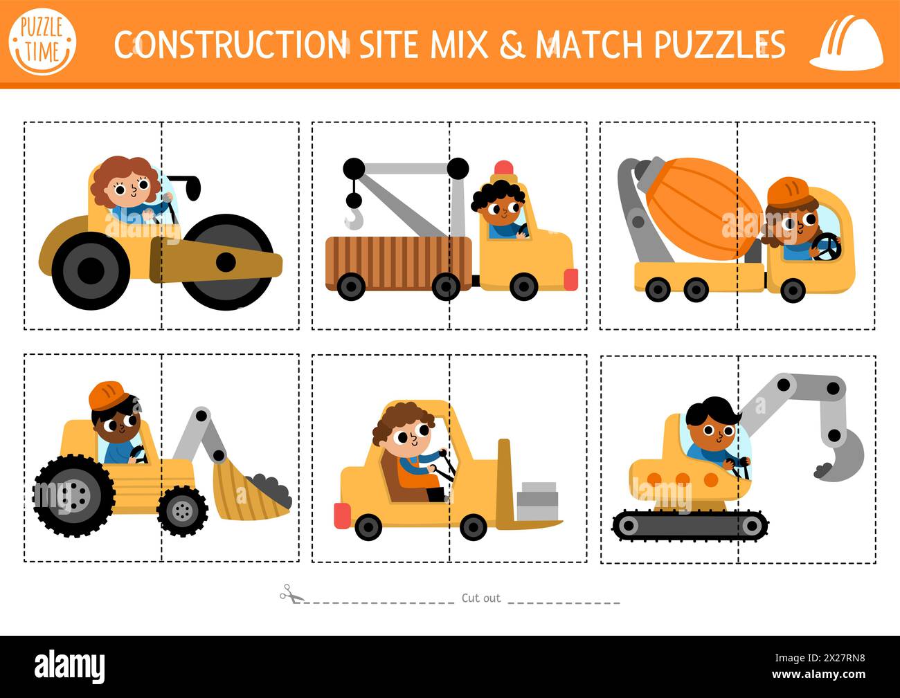 Vector construction site mix and match puzzle with cute industrial ...