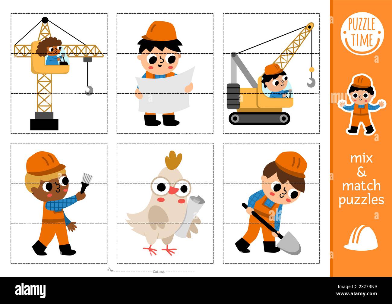 Vector construction site mix and match puzzle with cute workers ...