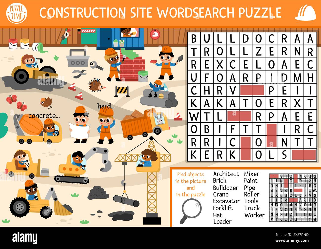 Vector wordsearch puzzle for kids with construction site landscape ...