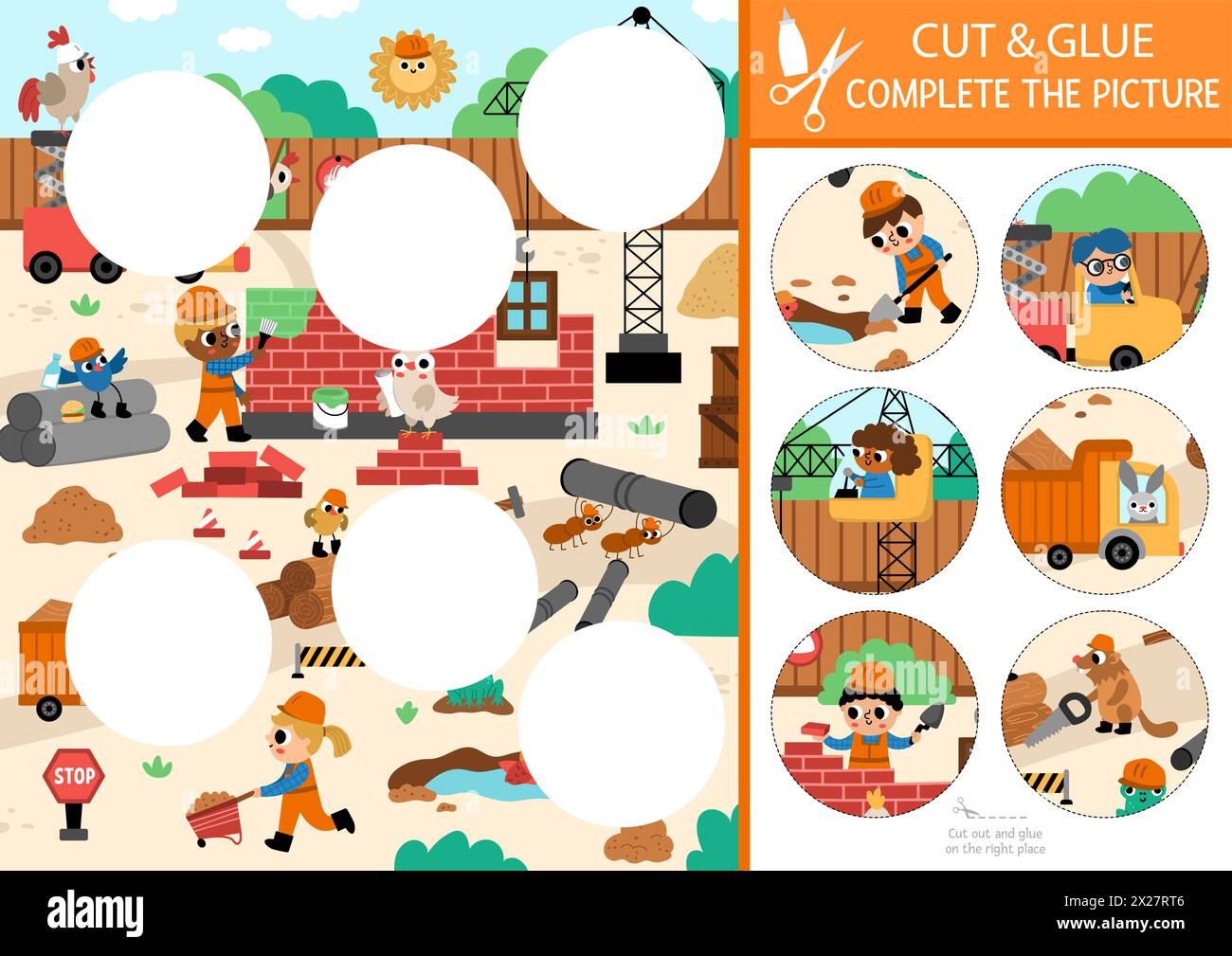Vector construction site cut and glue activity. Crafting game with cute ...