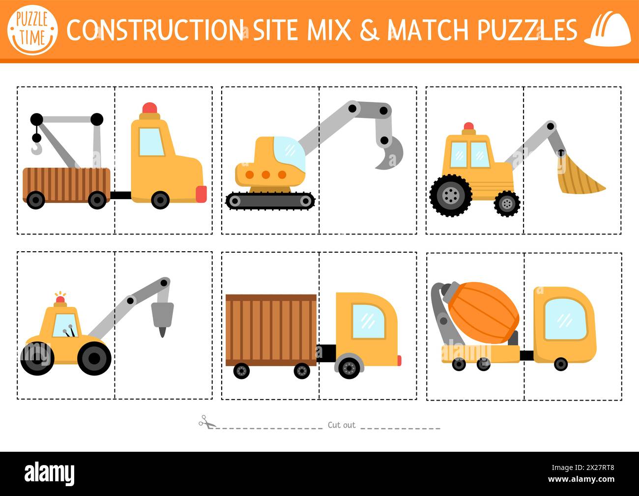Vector construction site mix and match puzzle with cute industrial ...