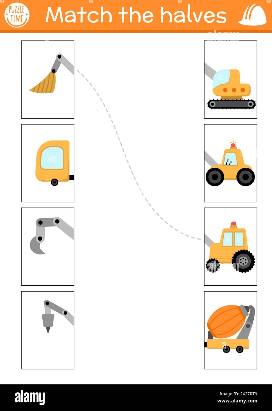 Construction site connect the halves worksheet. Building works matching ...