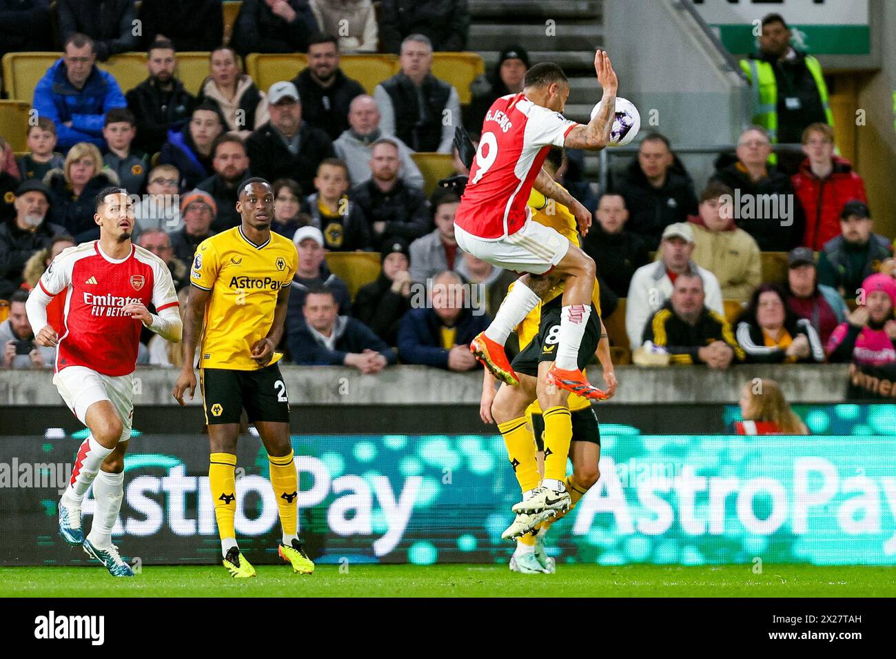 Wolverhampton, UK. 20th Apr, 2024. Gabriel Jesus of Arsenal climbs ...