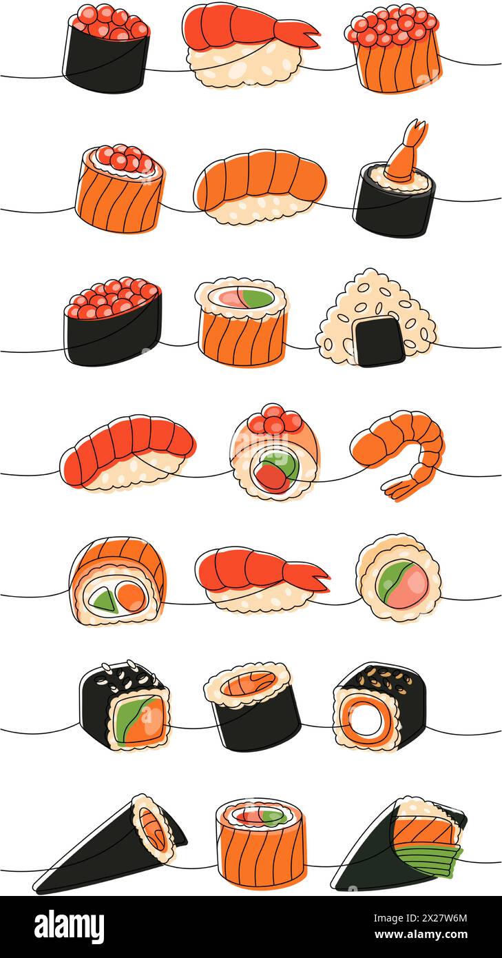 Sushi rolls set. Japanese traditional food one line drawing. Ikura ...