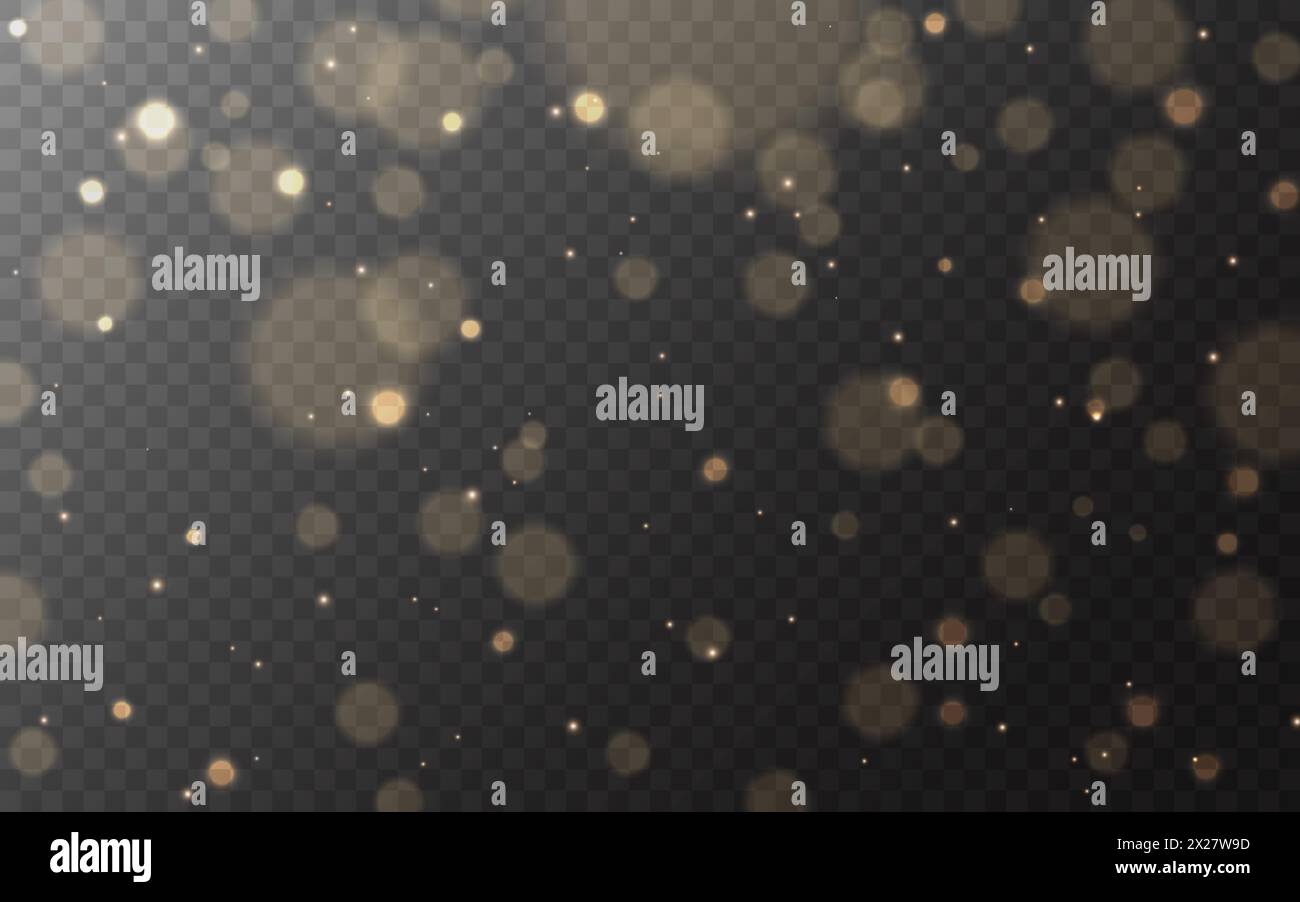 Bokeh gold. Shining particles and lights. Bright circles on transparent background. Glowing ...