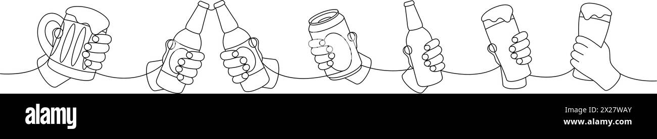 Hands with beer bottles, glass, mugs one line continuous drawing. Beer ...