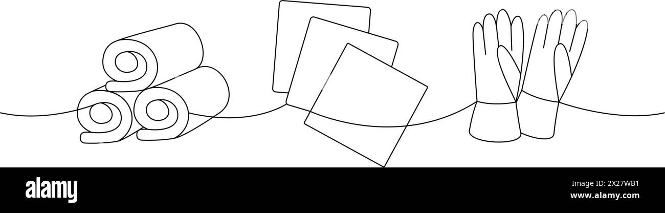 Cleaning set one line continuous drawing. Towels for bathroom, rags ...
