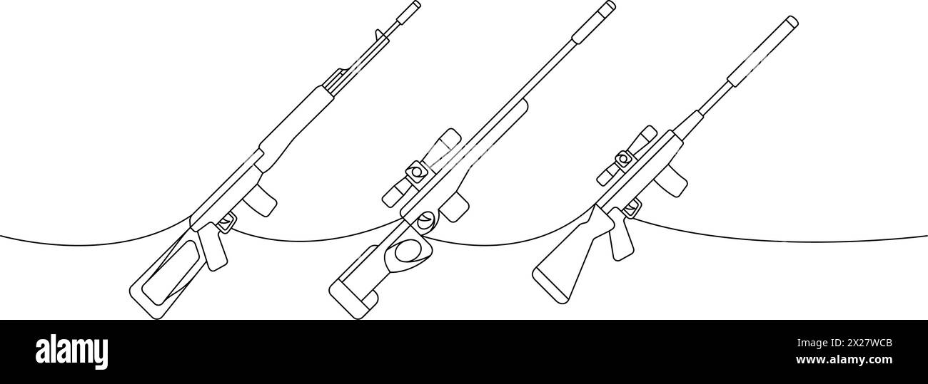 Set of sniper rifles one line continuous drawing. Various modern weapons continuous one line ...