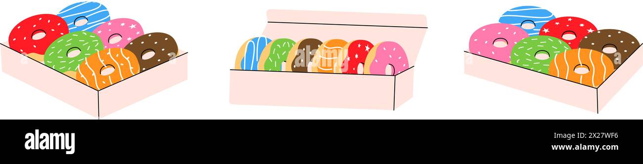 Set of box donuts. Bakery sweet pastry food. Vector illustration Stock ...