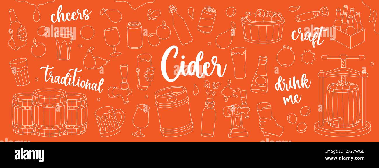 Cider outline set. Wooden barrels, cans, glasses, mugs, metal keg ...