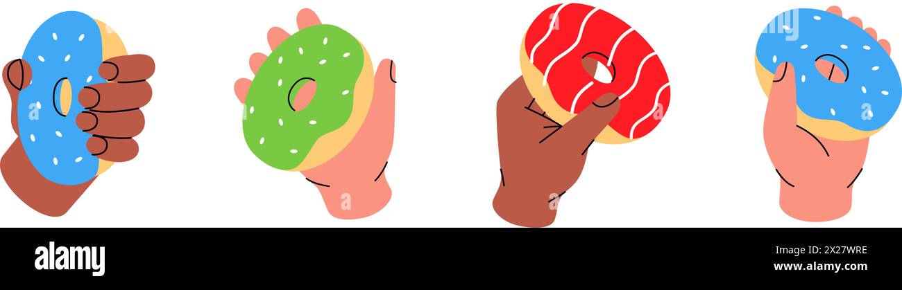 Hands holding donuts. Bakery sweet pastry food. Vector illustration ...