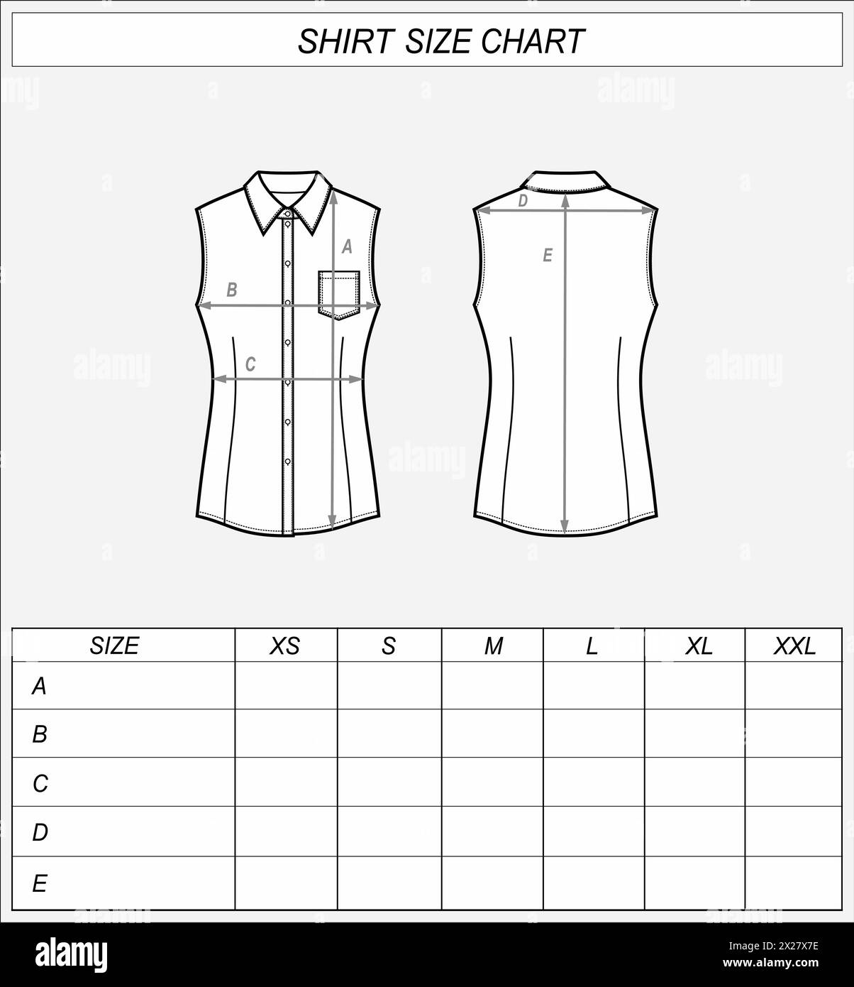 Business sleeveless shirt size chart. Classic wear front back. Clothing ...