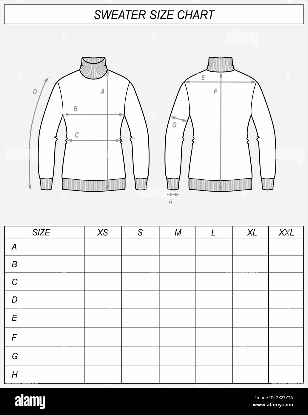 Sweater size chart. Knitted turtleneck front and back sketch. Clothing ...