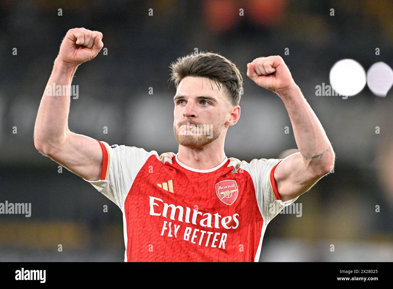 Declan Rice of Arsenal celebrates the full time result, during the ...