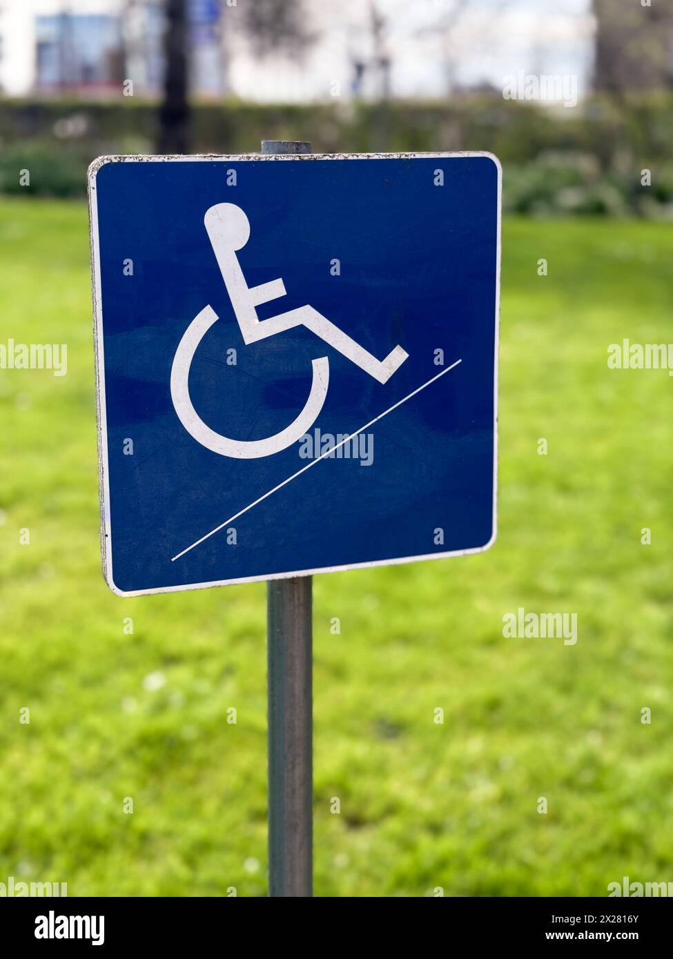 A small blue wheelchair handicap sign stands against a blurred garden ...