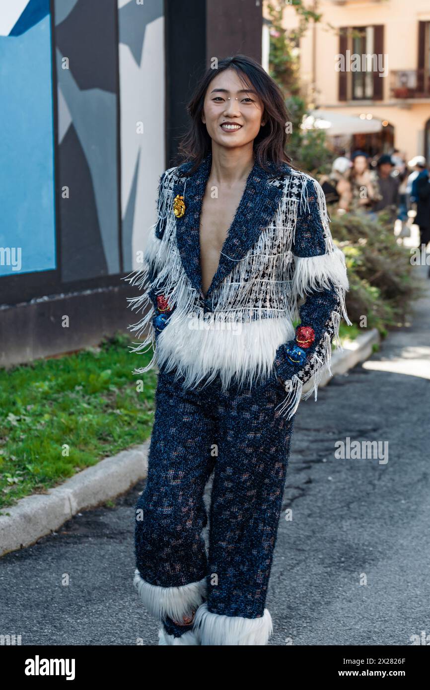Sun XiaoYa wears all Shuting Qiu, outside Shuting Qiu show during Milan ...