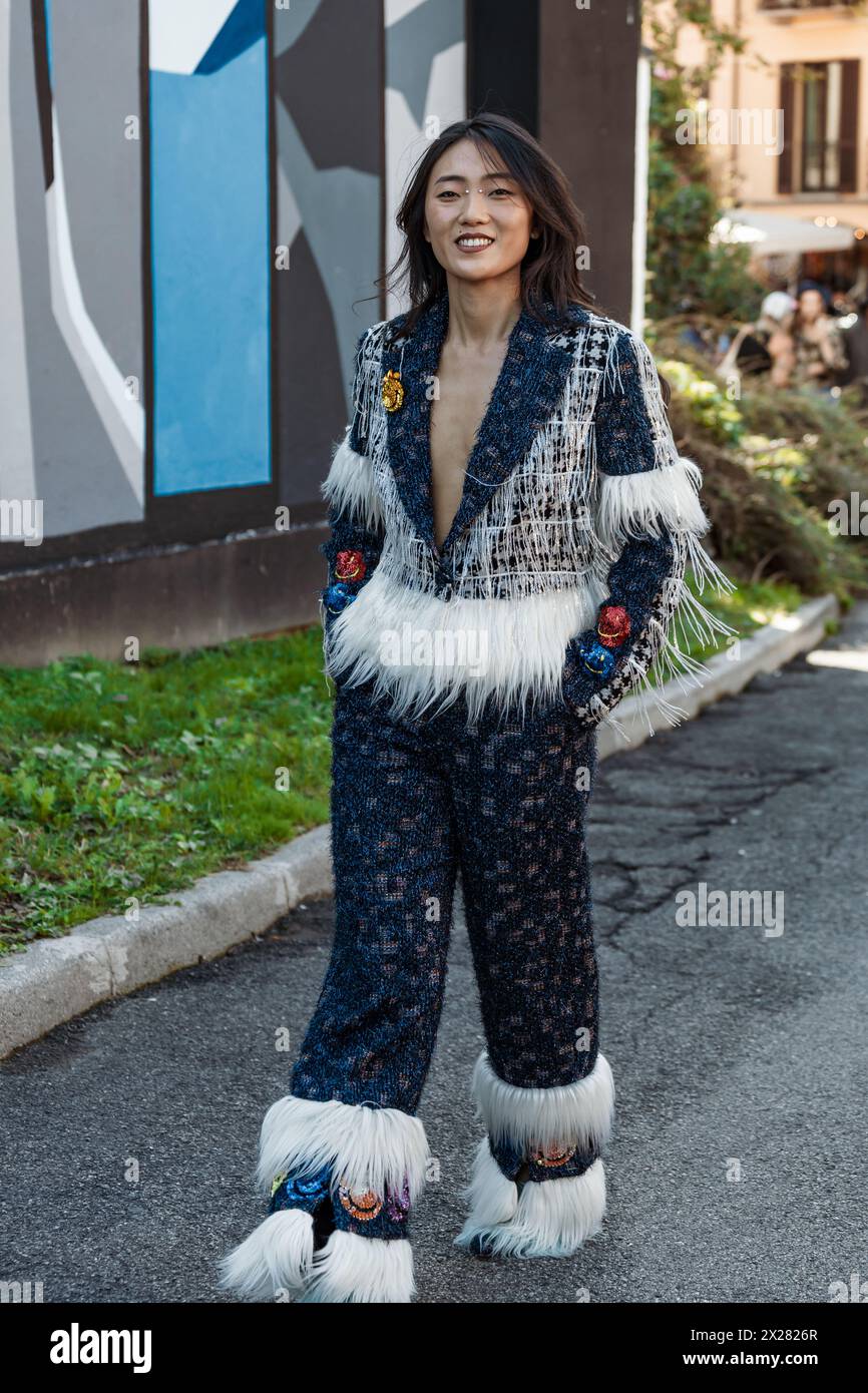 Sun XiaoYa wears all Shuting Qiu, outside Shuting Qiu show during Milan ...