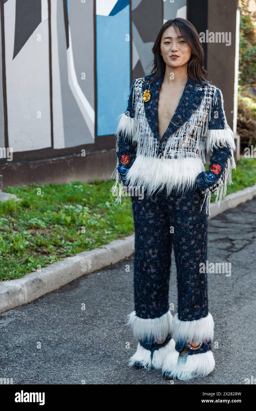 Sun XiaoYa wears all Shuting Qiu, outside Shuting Qiu show during Milan ...