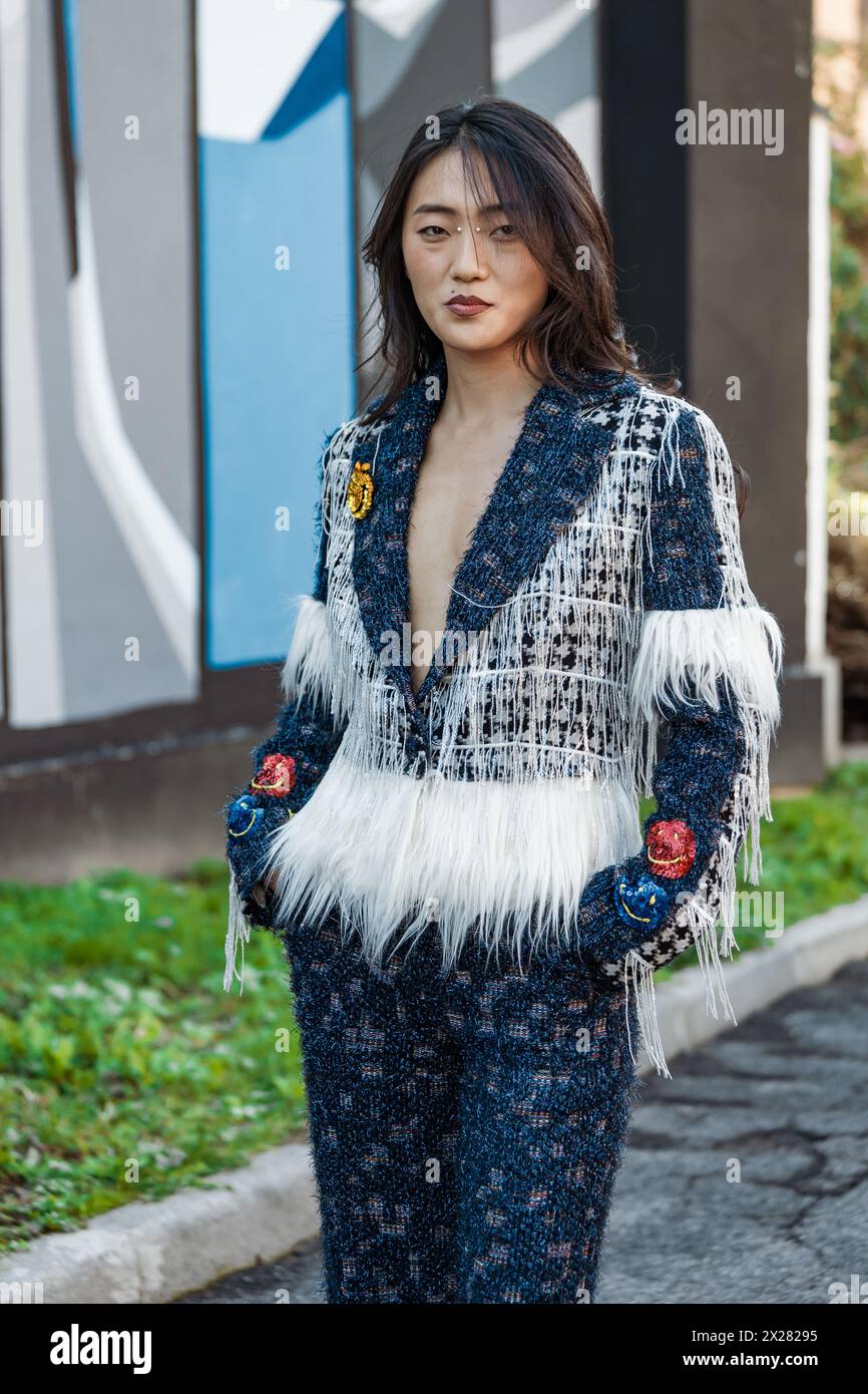 Sun XiaoYa wears all Shuting Qiu, outside Shuting Qiu show during Milan ...