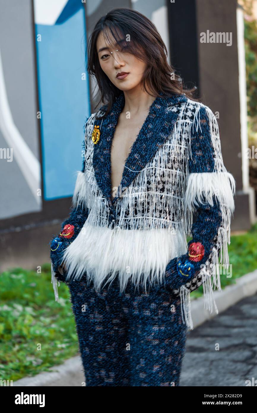 Sun XiaoYa wears all Shuting Qiu, outside Shuting Qiu show during Milan ...