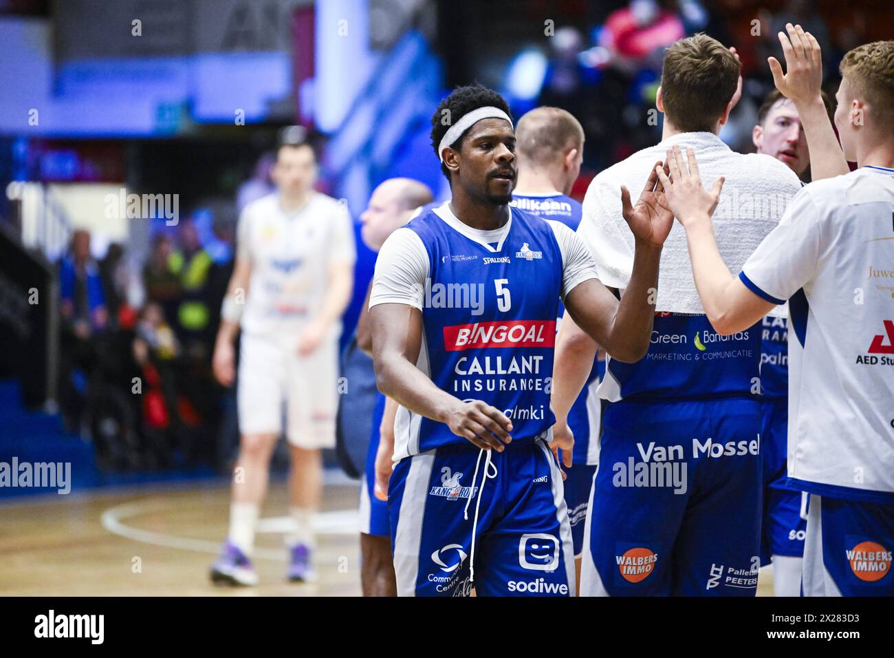 Aalst, Belgium. 20th Apr, 2024. Mechelen's Walter Whyte celebrates ...
