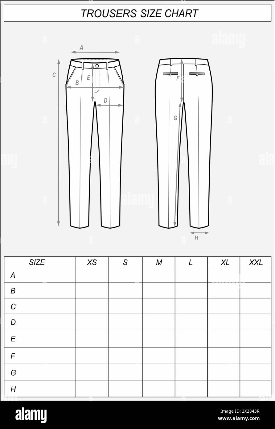 Trousers size chart. Business pants front and back sketch. Clothing ...