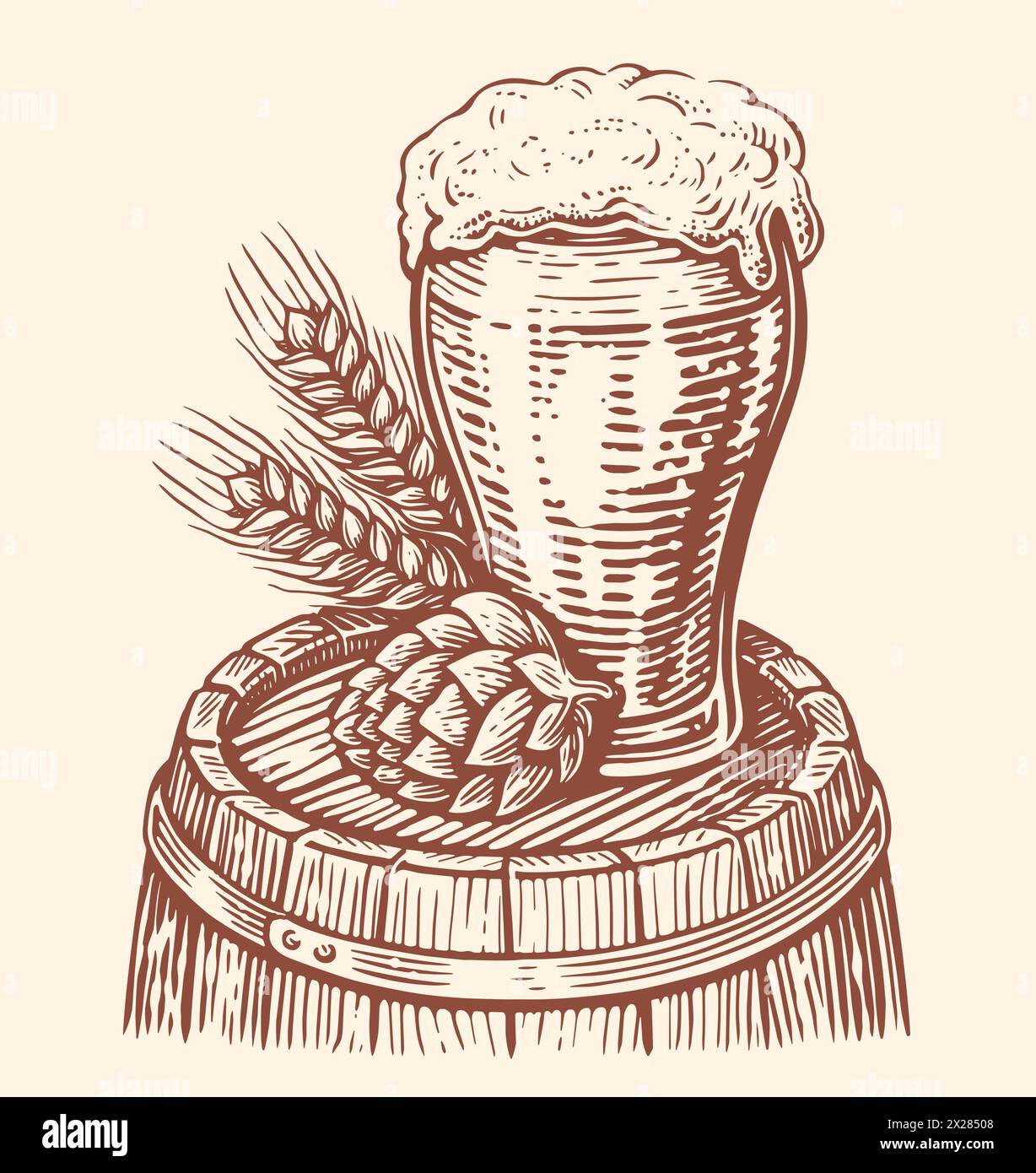 Glass Of Beer On Wooden Barrel Brewery Beer Pub Concept Hand Drawn