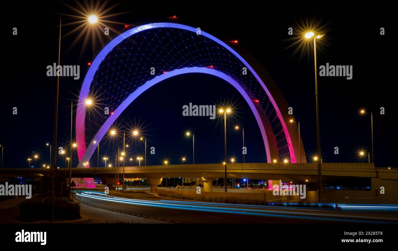 Doha, Qatar - December 20, 2023: Al Wahda Bridge in doha city. known as ...
