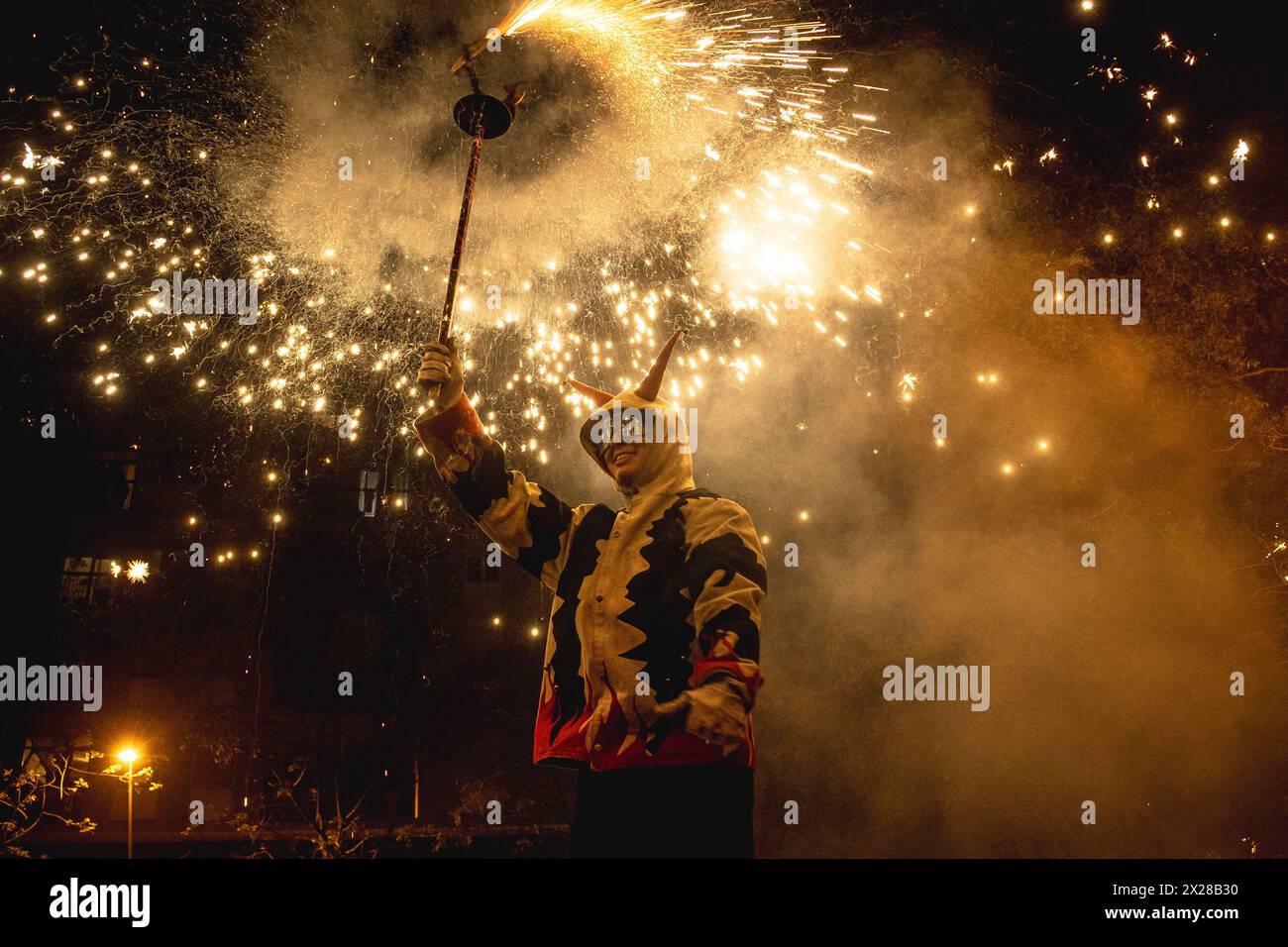 Barcelona, Spain. 20th Apr, 2024. Fire runners dance to traditional ...