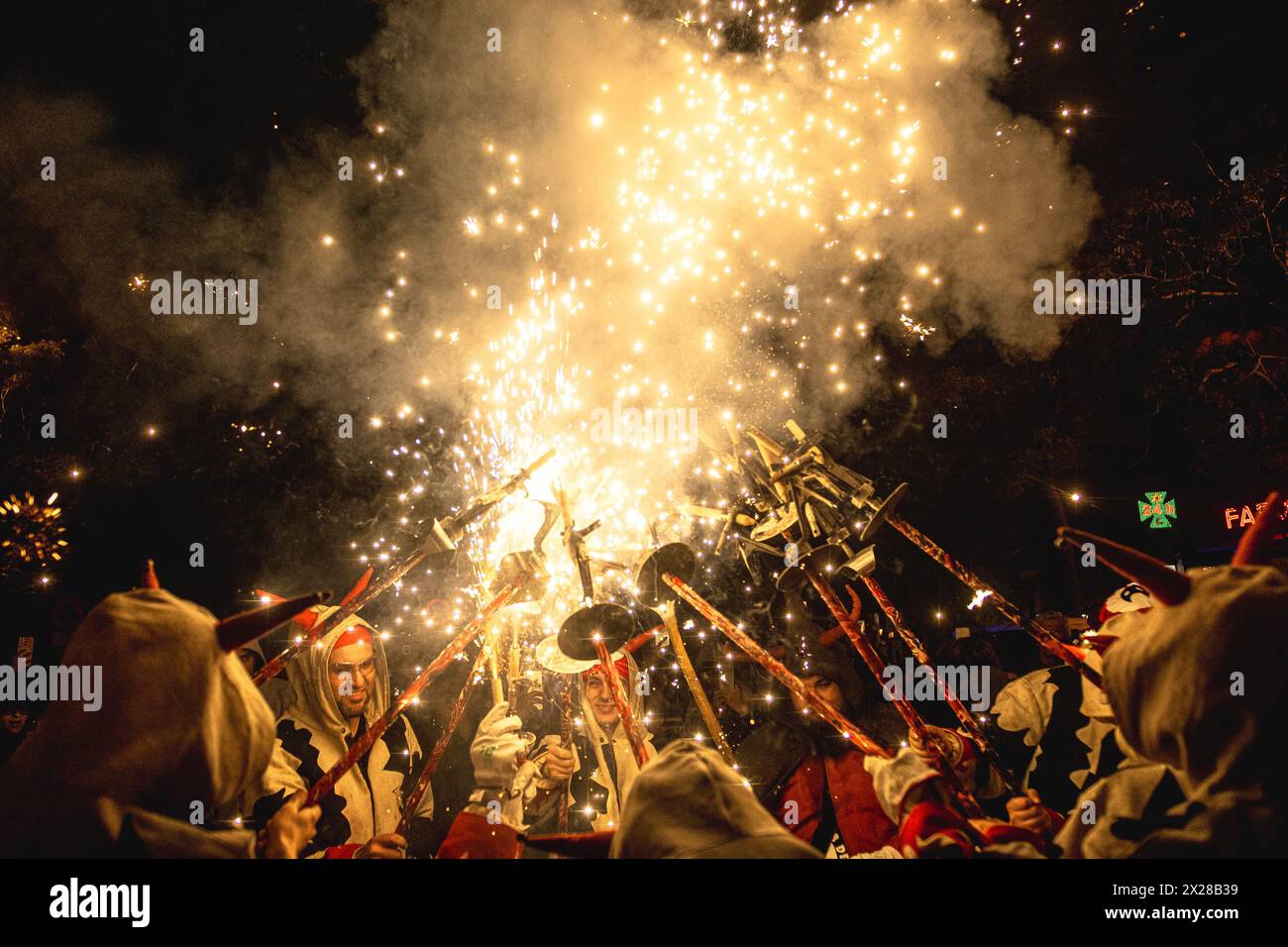 Barcelona, Spain. 20th Apr, 2024. Fire runners in devil costumes gather ...