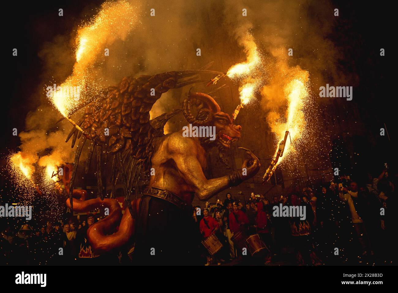 Barcelona, Spain. 20th Apr, 2024. 'Atzeries' the fire beast sets of its ...