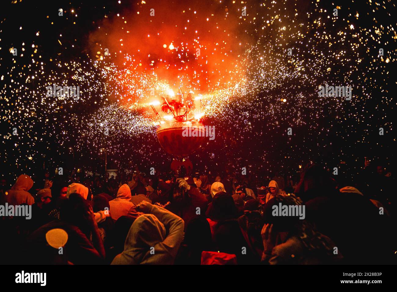 Barcelona, Spain. 20th Apr, 2024. Fire runners dance to traditional ...