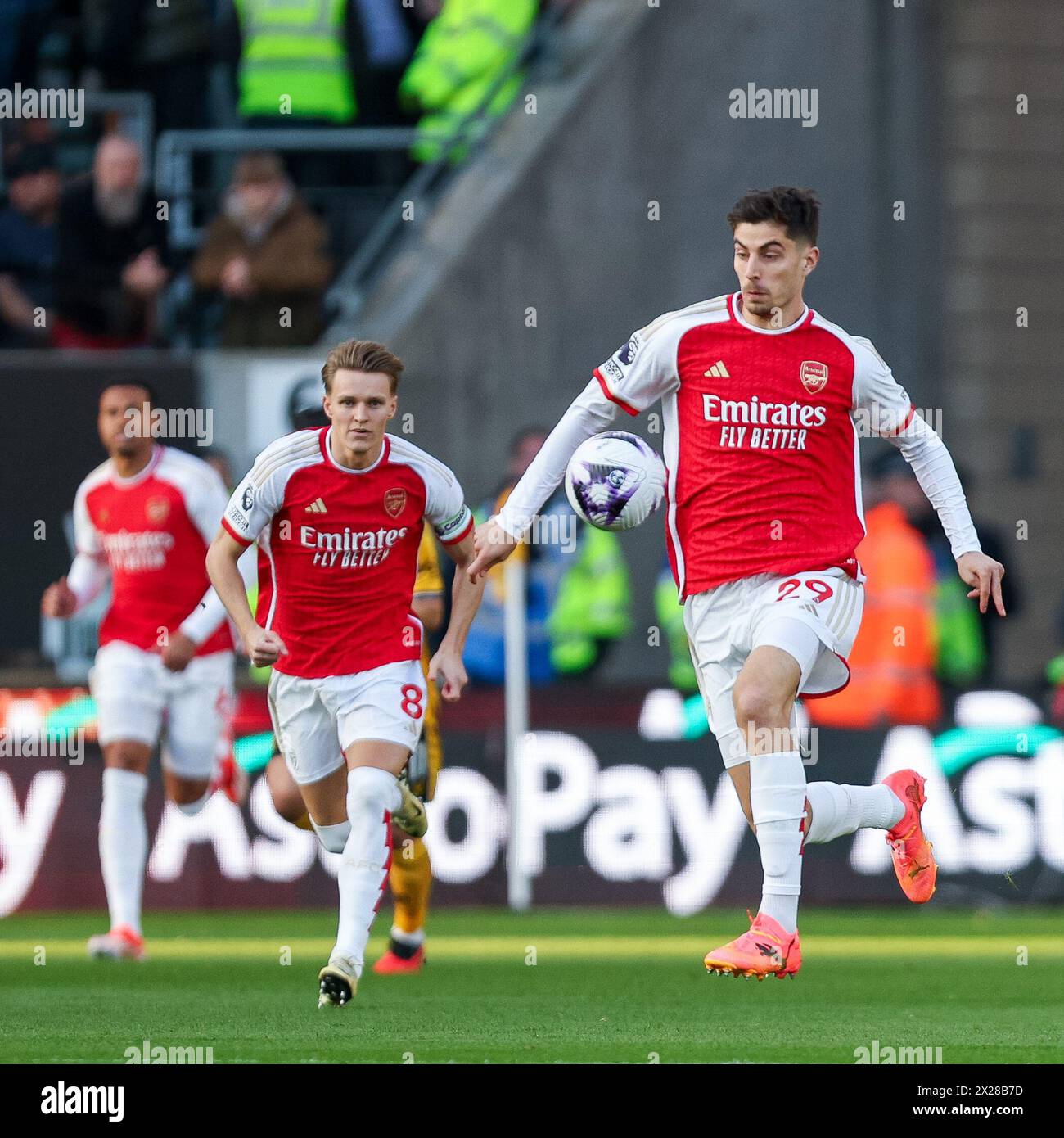 Wolverhampton, UK. 20th Apr, 2024. Kai Havertz of Arsenal controls the ...