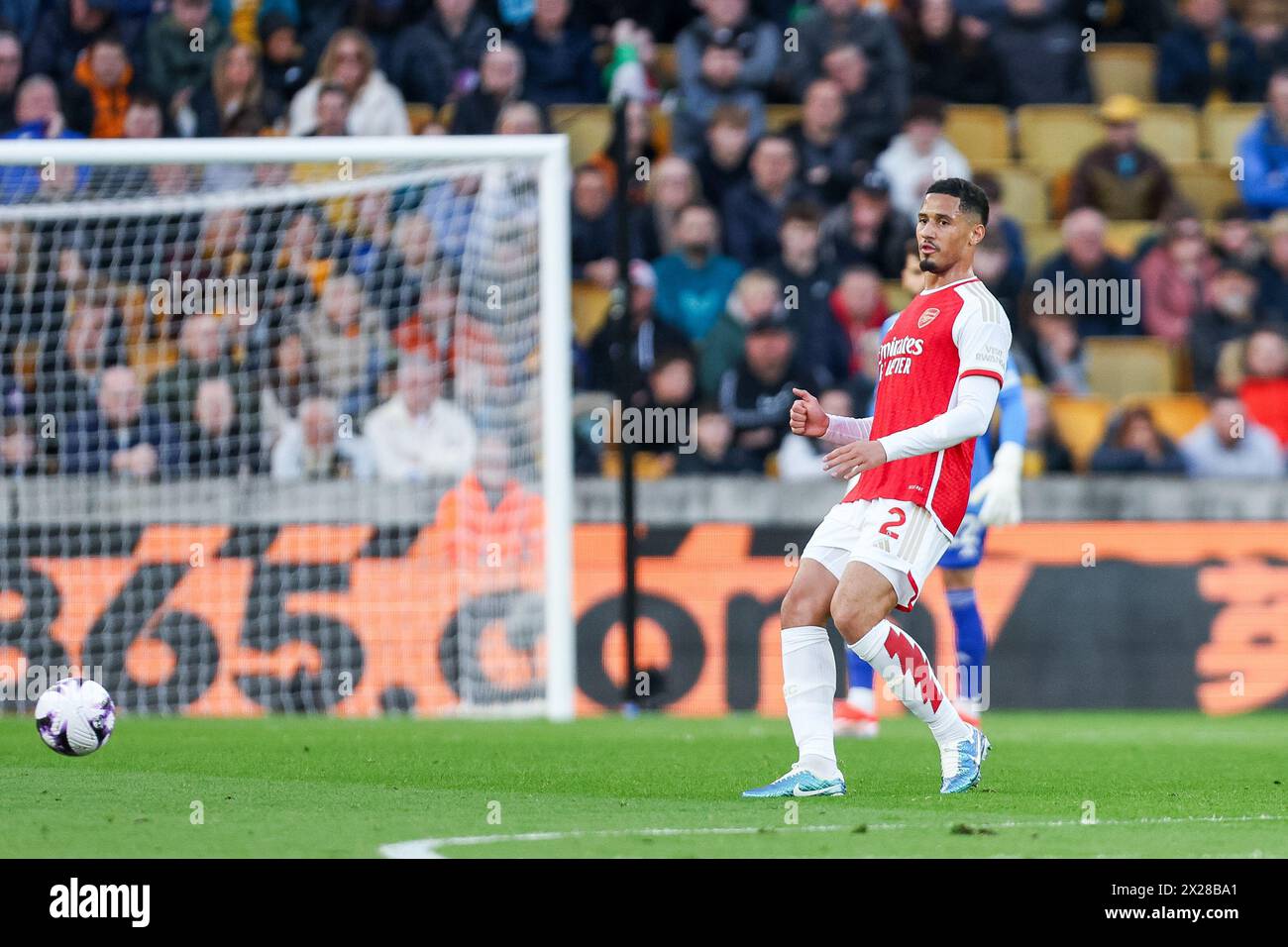 Wolverhampton, UK. 20th Apr, 2024. William Saliba of Arsenal passes to ...