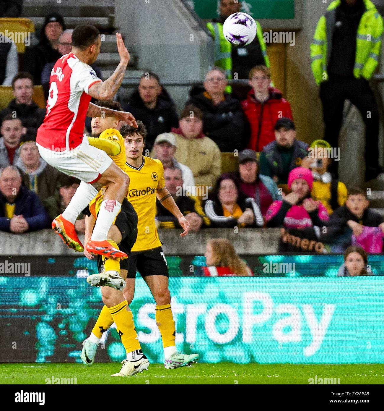 Wolverhampton, UK. 20th Apr, 2024. Gabriel Jesus of Arsenal climbs ...