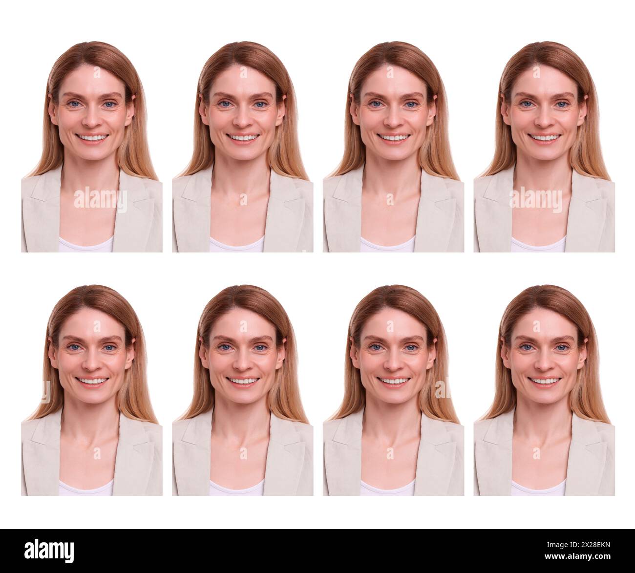 Passport photo, collage. Woman on white background, set of photos Stock ...