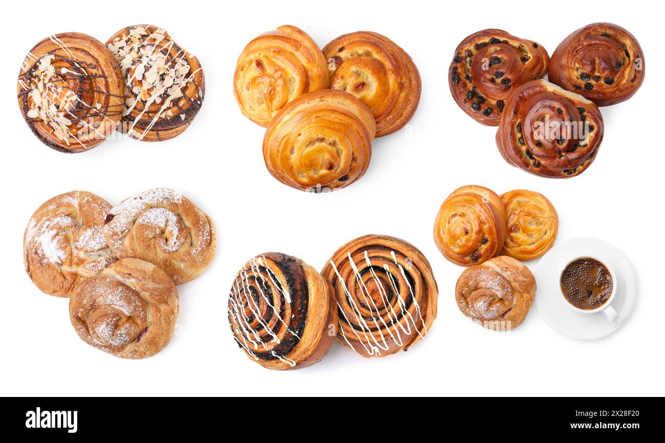Different delicious sweet buns isolated on white, set Stock Photo - Alamy