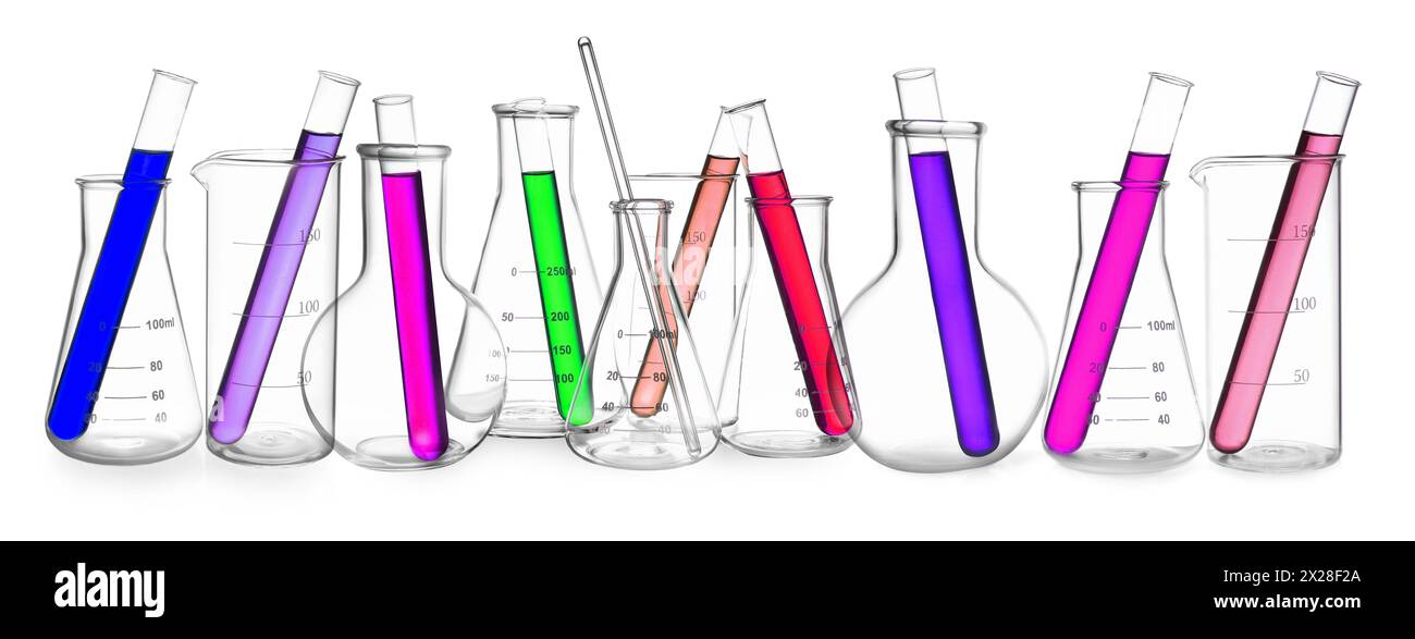 Set of different laboratory glassware isolated on white Stock Photo - Alamy