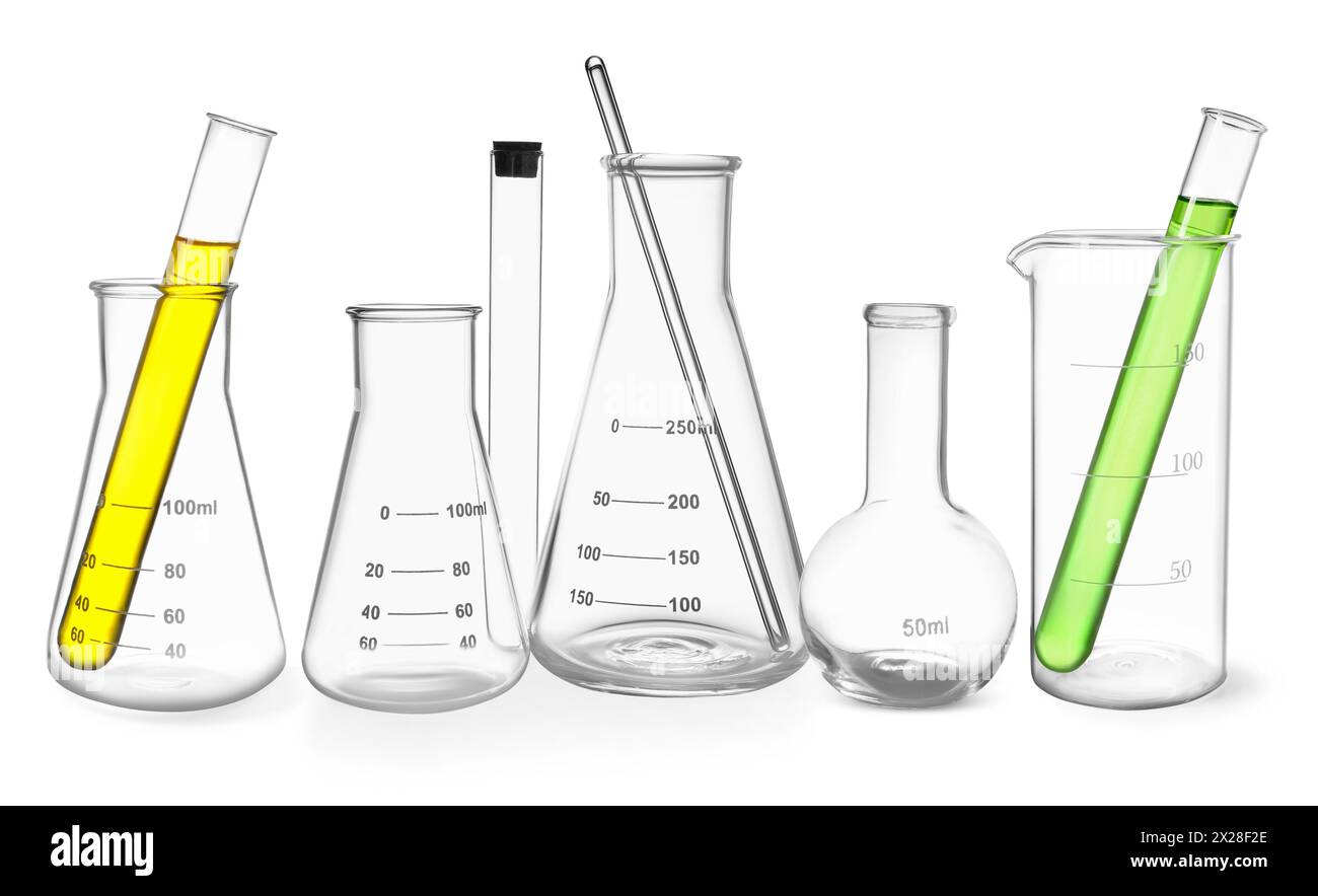 Set of different laboratory glassware isolated on white Stock Photo - Alamy