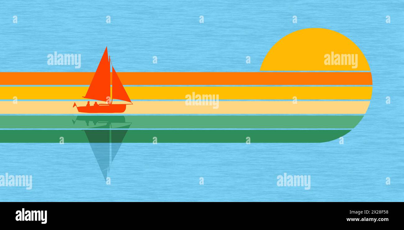 A sailboat and two passengers are seen in front of a colorful graphic ...