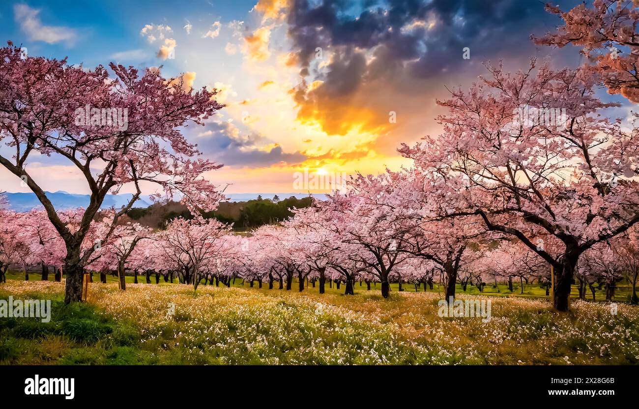 A field of cherry trees pink in color in the morning sun Stock Photo ...